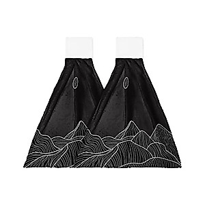 Ldtrchee Mountains Scenery Hand Towel with Hanging Loop, Sun Black White Line Abstract Art Hanging Tie Towels Set 2 Pcs, Kitchen Absorbent Towel for Bathroom Tea Bar Laundry