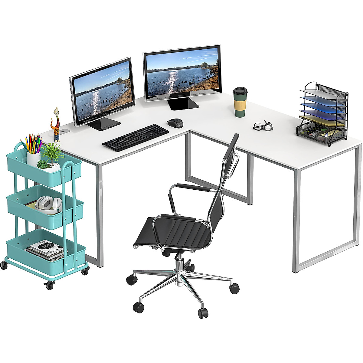 SHW Mission 55 x 60 Inches L-Shape Home Office Computer Desk, White