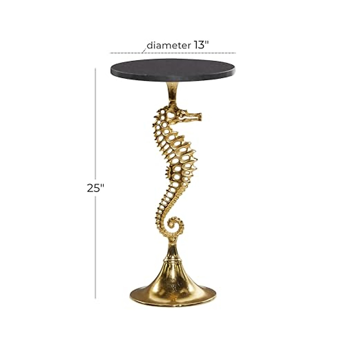 Deco 79 Aluminum Metal Sea Horse Side End Accent Table End Table with Black Marble Table Top, Side Table 13" x 13" x 25", Gold