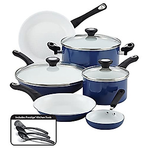 Farberware Ceramic Dishwasher Safe Nonstick Cookware Pots and Pans Set, 12 Piece, Blue