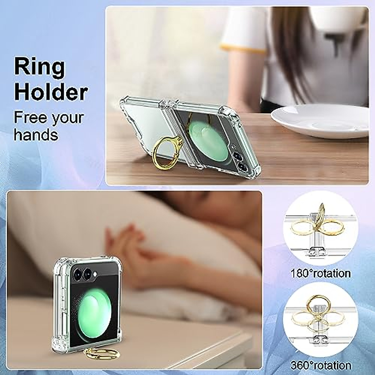 GOHHME for Samsung Galaxy Z Flip 5 Case TPU Shockproof Phone Cover Silm Thin Aesthetic Clear Phone Cases Rugged Tough Hard Covers with Ring Stand and Hinge Protection (Clear)