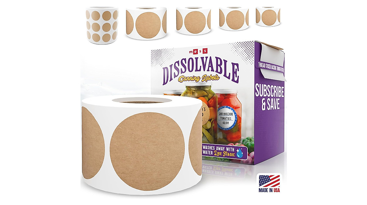 MESS Dissolvable Canning Labels for Jars - 200 Kraft Labels