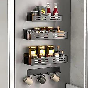 Yuchenfeng Magnetic Spice Racks for Refrigerator Fridge Magnetic Spice Shelves Refrigerator Side Organizers (3 Magnetic Spice Racks + 1 Magnetic Hook)…