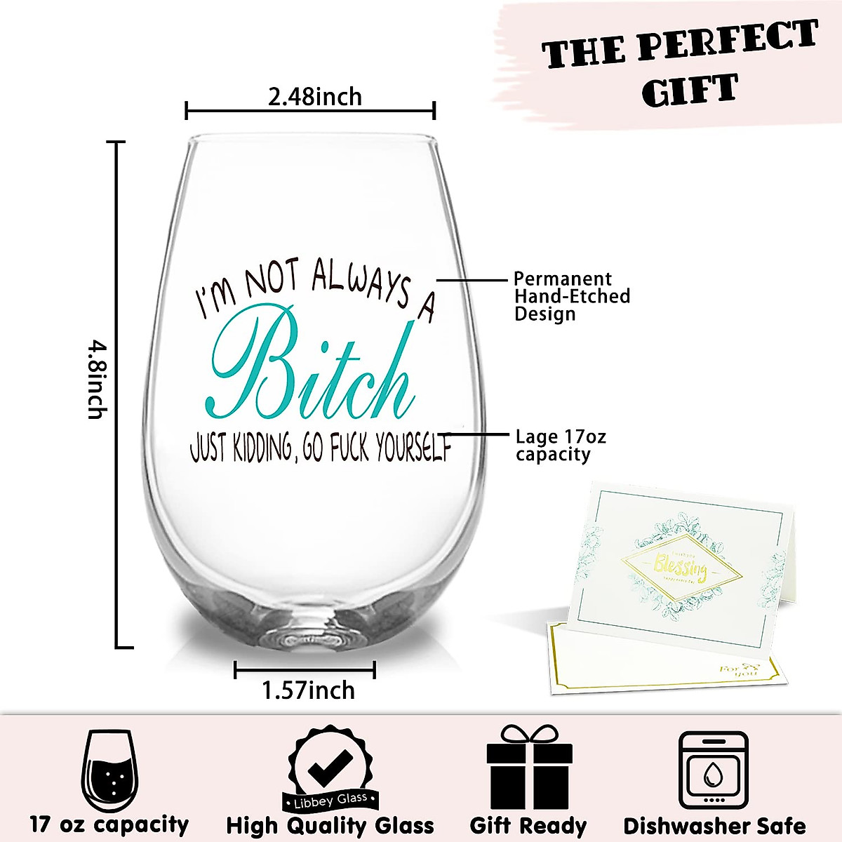 I'm Not Always, Just Kidding Funny Stemless Wine Glass Gifts for Women, Gag Christmas Birthday Gifts Ideas for Girlfriends, Women, Sister, Friends, BBF, Coworkers, Unique Friendship Wine Glass, 17oz
