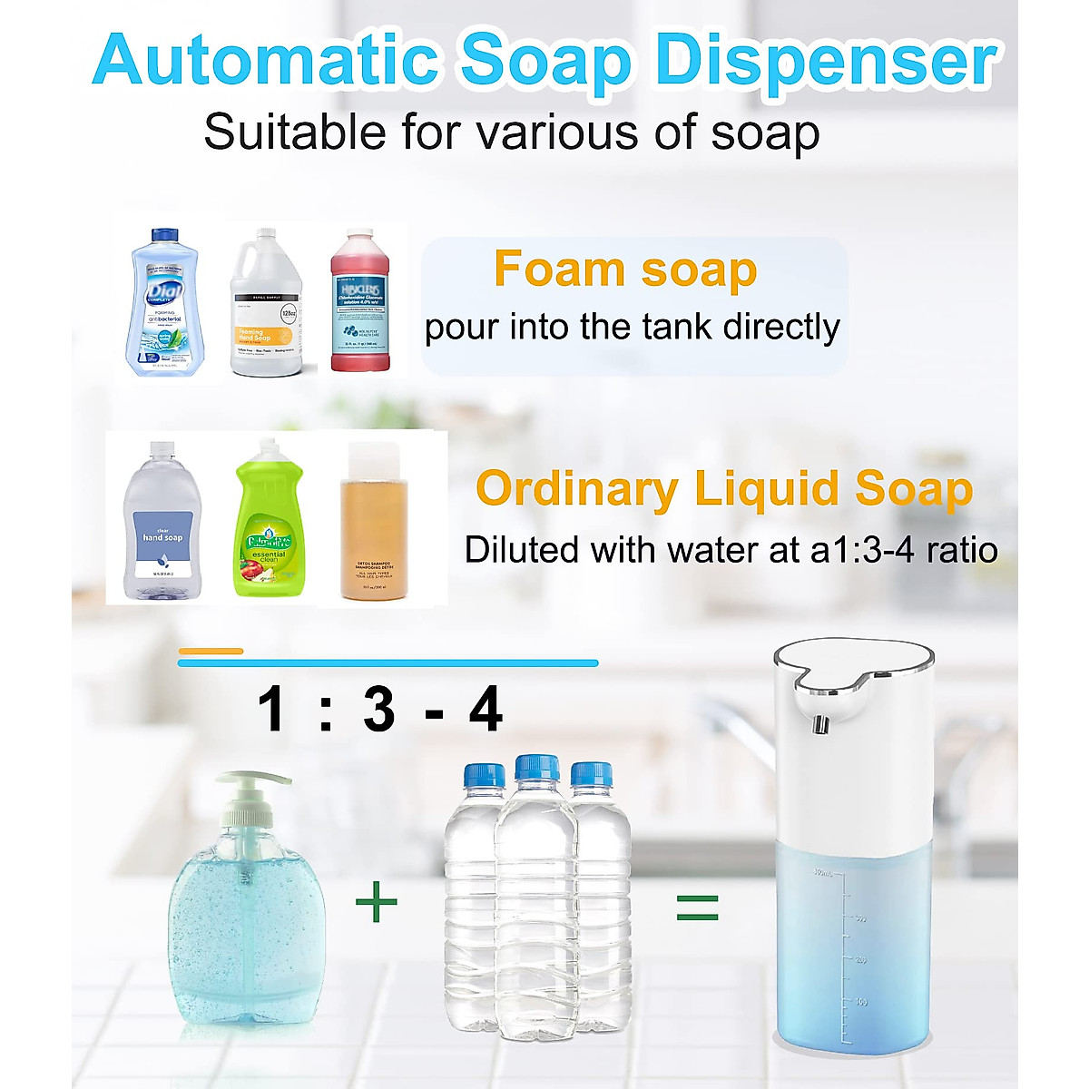 Josnown Automatic Foaming Soap Dispenser, 13.5oz/400ML Wall Mount Dispenser, USB Rechargeable,4 Gear Adjustable, Touchless Hand & Dish Soap Dispenser for Bathroom, Kitchen