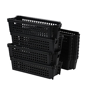 Morcte 12 Pack Narrow Plastic Storage Basket, Stacking Slim Plastic Baskets, Black
