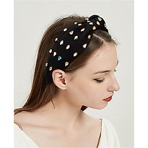 Wecoe 1pc Black Rhinestone Headband Top Knotted Headband For Women Girls Wide Headbands Non Slip Fashion Cloth Sparkly Jeweled Beaded Embellished Headband Homecoming Hair Accessories For Women Girls