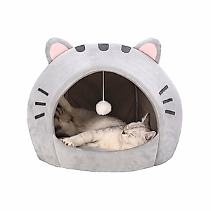 QWINEE Indoor Cat Bed Cave with Removable Cushion - Pet Plush Tent House Cartoon Ear Design Pet Bed with Pompom for Cats Kitten Dogs Puppy and Rabbit Multicolor L