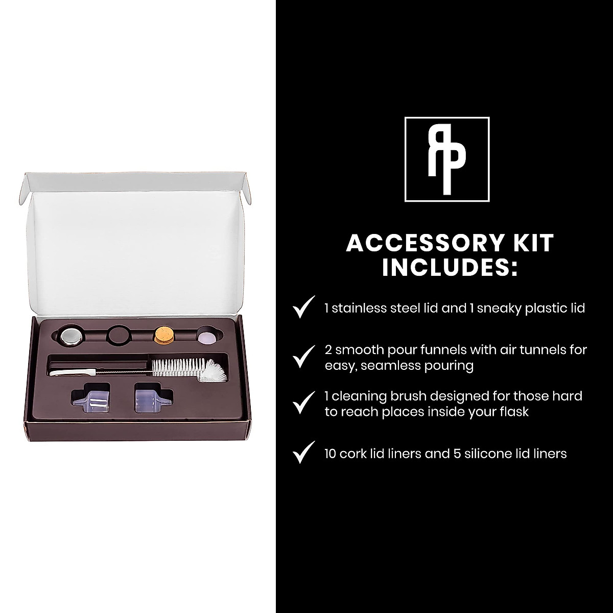 Ragproper Glass Flask Accessory Kit - Cleaning Set with Cleaning Brush, Silicone & Cork Lid Liners, Stainless Steel & Plastic Lids & Smooth Pour Funnels (Double Shot, 240mL)