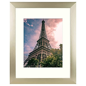 Golden State Art, 11x14 Brushed Aluminum Frame with Ivory Mat for 8x10 Picture - Wide Molding- Swivel Tabs, Sawtooth Hangers - Wall Display (Satin Gold, 1 Pack)