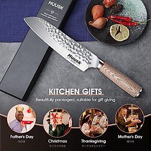 Huusk Japan Knife 7-Inch Santoku Chef Knife Professional Hand Forged High Carbon Steel Kitchen Knife, Japanese Santoku Knife for Meat Vegetables - Wood Handle, Father's Day Christmas Gift Men Women