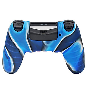 SKINOWN Silicone Case Anti-Slip Protective Grip Cover for PS4 Controller with 4 Thumb Grips(Blue Camo)