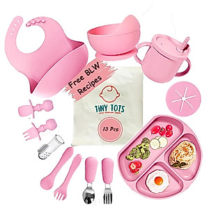 TinyTots Silicone Baby Feeding Set 13 pcs with BLW Recipes. Baby Plates and Bowls Set, Baby & Toddler Spoons Set, Sippy Cup & Lid, Silicone Bib, Baby Toothbrush (6+ Months)