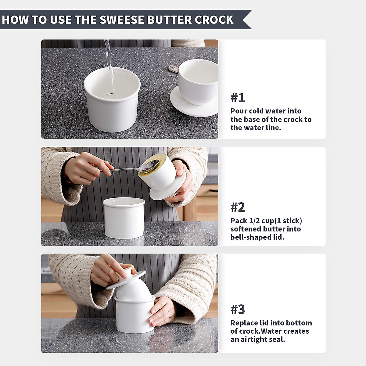 Sweese French Butter Dish with Lid - Butter Crock for Counter with Water Line for Spreadable Butter - No More Hard Butter - Navy