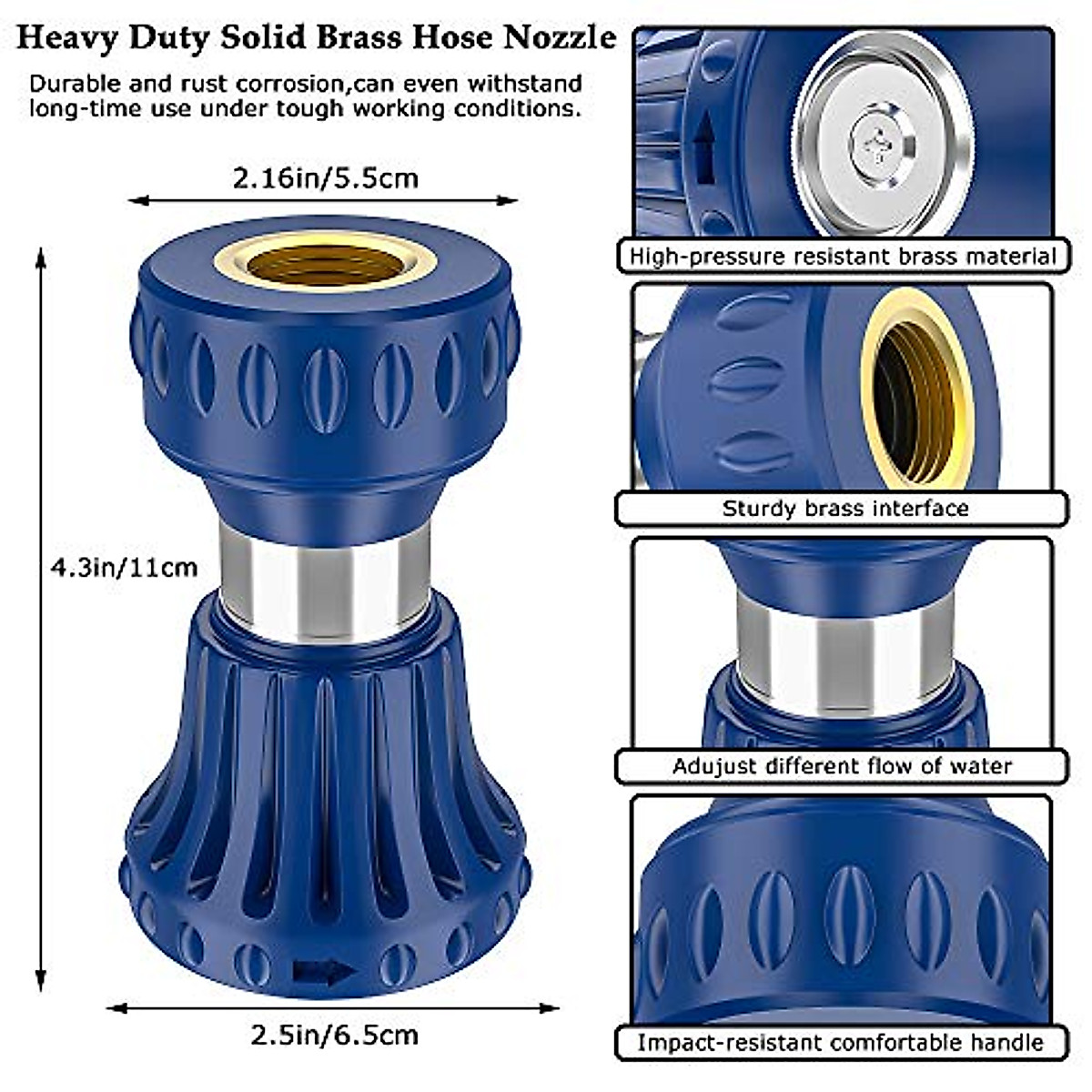 HOSUN Garden Hose Nozzle, Fireman Style Hose Nozzle, Heavy Duty Brass Hose Nozzle, Leak Proof & Best High-Pressure Sprayer for Plants Watering, Car Washing, Pet Washing, etc. (blue)