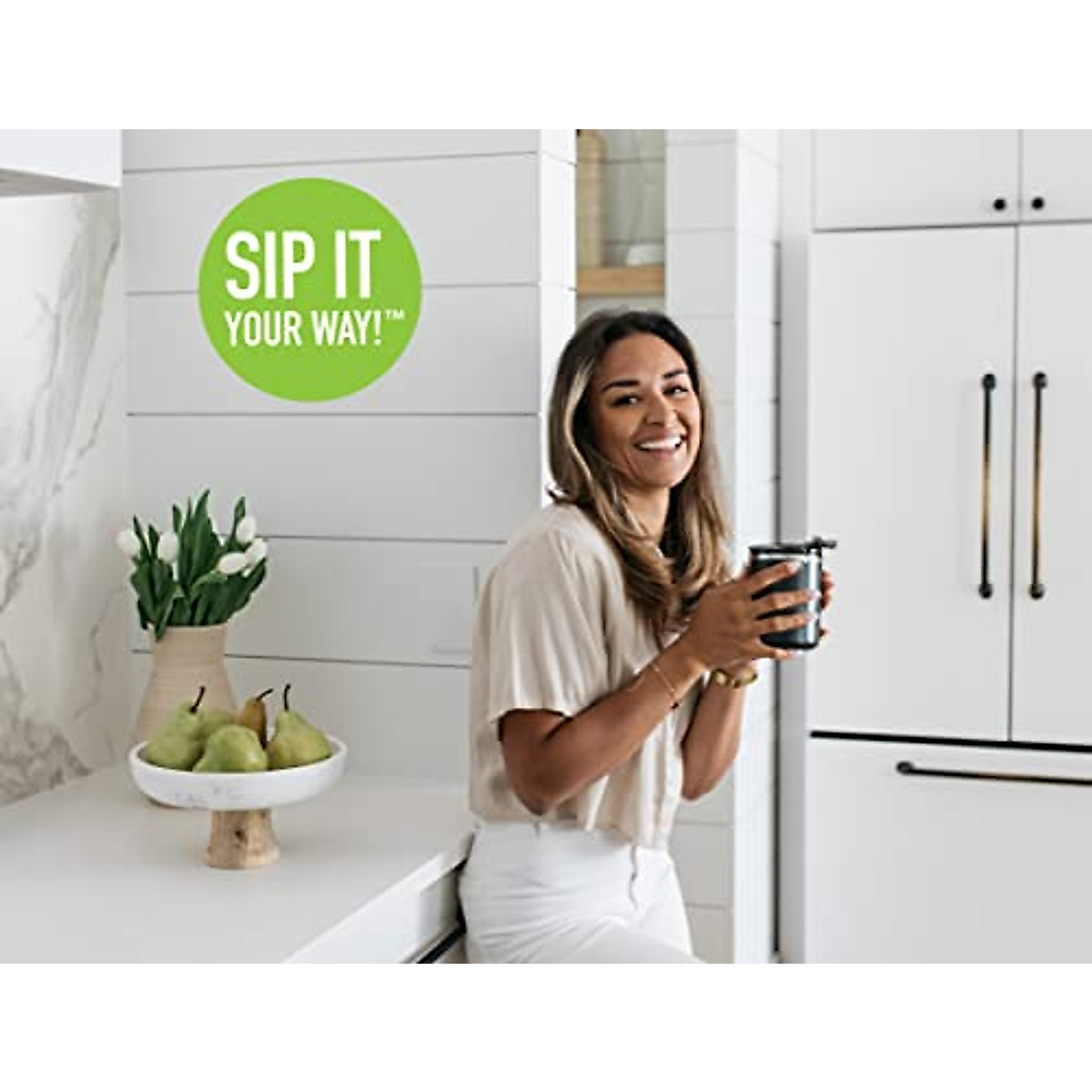 REDUCE Travel Coffee Mug, 18 oz - Insulated Mug for Hot Tea, Coffee and Other Hot Drinks - With Flo-Motion Lid and Handle - Single-Serve and Cupholder Friendly - Stone