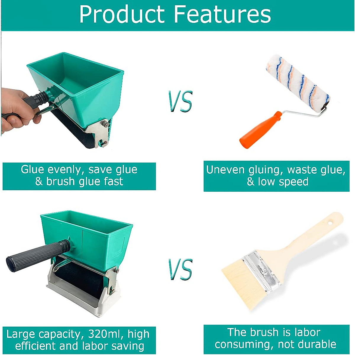 6 Inch Portable Glue Applicator Roller with Paint Bucket Handheld Manual Adhesive Glue Spreader with 2 Foam Wheels for Carpenter Woodworking, 10.5oz(320ml)