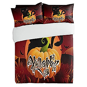 Halloween Twin Duvet Covers Cute Cats with Pumpkins 3-Piece Bedding Sets Luxury Soft Microfiber Bed Comforter Protector with Pillow Cases for Women Men Girl Boy Spooky Night Moon