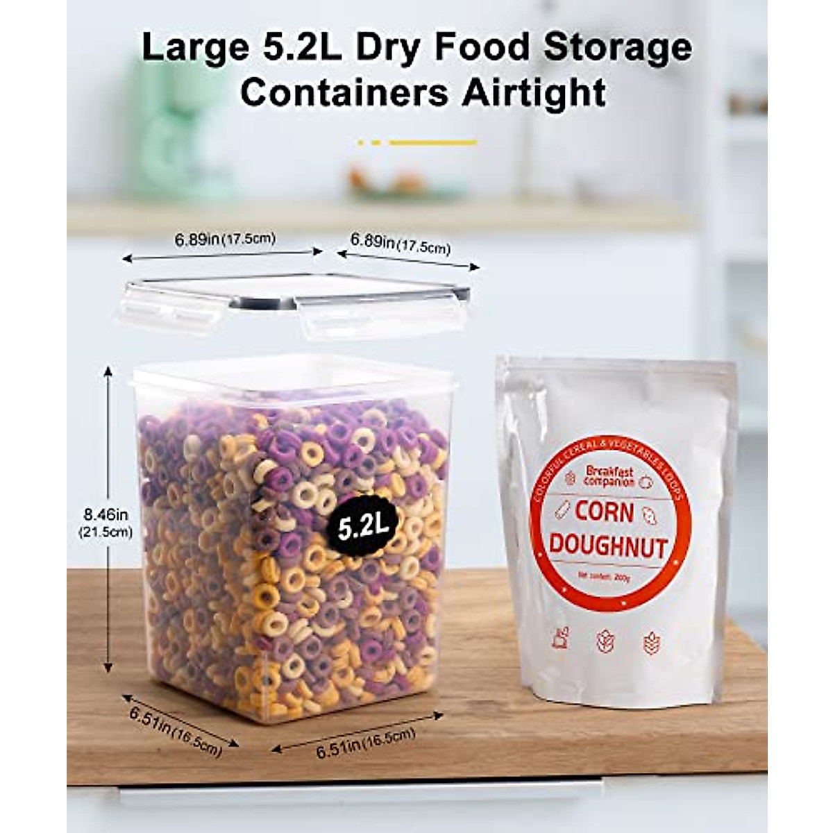 Pantry Organization and Storage Set 4 Pieces Kitchen Containers with Lids Large 5.2L Dry Food Storage Containers Airtight Bulk Plastic Flour Sugar Containers with Measuring Spoon,Labels