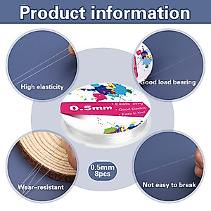 8 Rolls Elastic Stretch Thread for Bracelets, 0.5mm Transparent Beading String with 4 Sizes Beading Needles and Needle Bottle, Clear Stretch Cord Thread for Jewelry Bracelet Necklace Making Wire