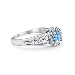 Blue Apple Co. Vintage Style Art Deco Bridal Wedding Engagement Ring Halo Round Simulated Aquamarine Cubic Zirconia 925 Sterling Silver Size-8