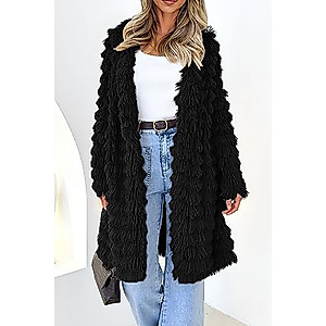 PRETTYGARDEN Women's Winter Faux Fur Jackets Fall Fashion Open Front Long Shaggy Coat Outerwear (Black,Medium)