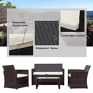 Saemoza 4 Pieces Outdoor Patio Furniture Set, Outdoor Wicker Rattan Patio Furniture with Tempered Glass Tabletop Clearance