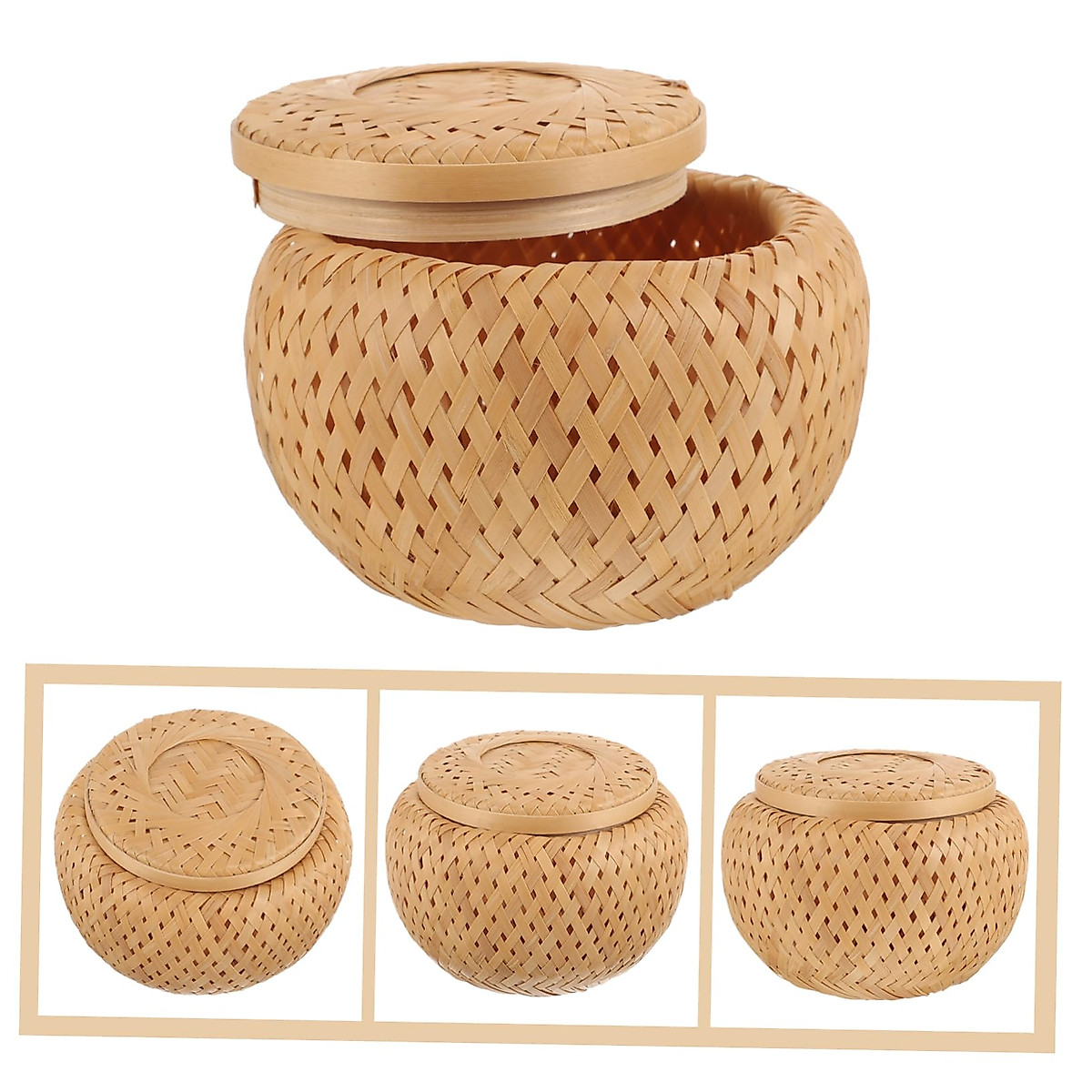 LIGHTAOTAO Bamboo Weaving Round Bamboo Basket with lid Tea Bag Organizer Coffee Canister Woven Serving Bowl Wicker Organizer bin Basket for Snacks Bread Basket Holder Gift Basket Food