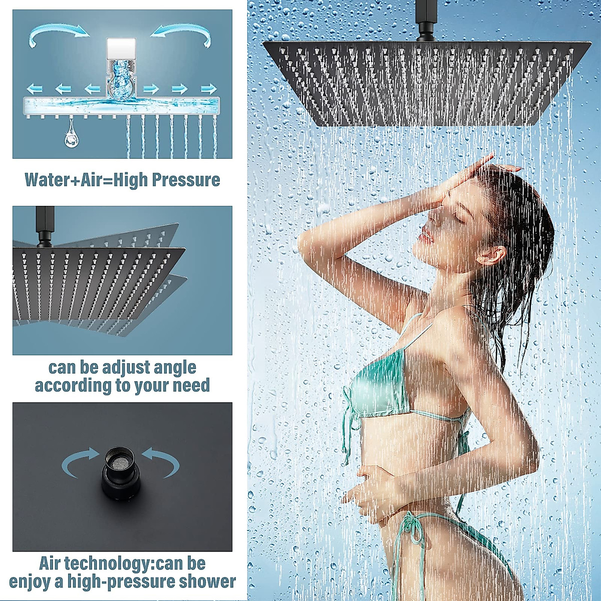 Shower Faucet Set Matte Balck Rain Shower System with High Pressure 8 Inches Rain Shower Head and Handheld Spray Bathroom Luxury Rain Mixer Shower Faucet Set Complete Combo Set Ceiling Mounted