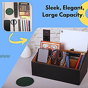 LAMOTI Leather Desk Organizer with a 4" Coaster, Large Capacity 5 Compartments Desktop Unifier, Handcrafted (Black)