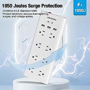 WANDOFO 12 FT Surge Protector Power Strip, 8 Outlet 1050J 12 Foot Long Extension Cord, 15A/1800W, 15A Breaker, 5V 3.1A Smart USB Port, Low Profile Flat Plug, Wall Mountable, White