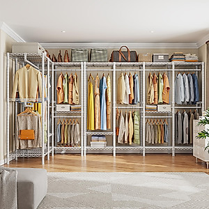 Raybee 76.9" H Clothes Rack Heavy Duty Loads 1100 LBS Metal Clothing Racks for Hanging Clothes Adjustable Wadorbe Closet White,75.8" W*17.7" D*76.9" H