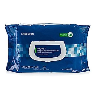 McKesson StayDry Disposable Wipes or Washcloths for Adults with Aloe, Incontinence, Alcohol-Free, Not-Flushable, 100 Wipes, 6 Packs, 600 Total
