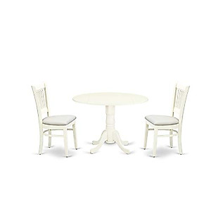 East West Furniture Dublin 3 Piece Modern Set Contains a Round Wooden Table with Dropleaf and 2 Fabric Upholstered Dining Chairs, 42x42 Inch, Linen White