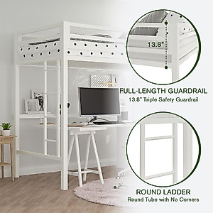 MUTICOR Loft Bed Frame for Juniors&Adults, Metal Loft Bed Twin Size with Safety Guardrail&Removable Ladder, Space-Saving, Noise Free, Cream White