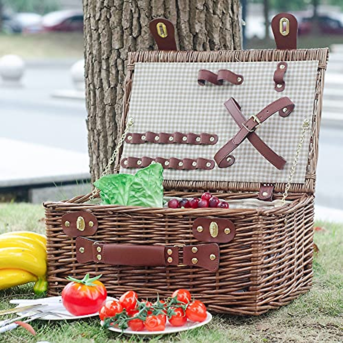 SatisInside Picnic Basket for 2 Wicker Picnic Set with Insulated Liner for Camping,Wedding,Valentine Day,Gift - Reinforced Handle, Coffee