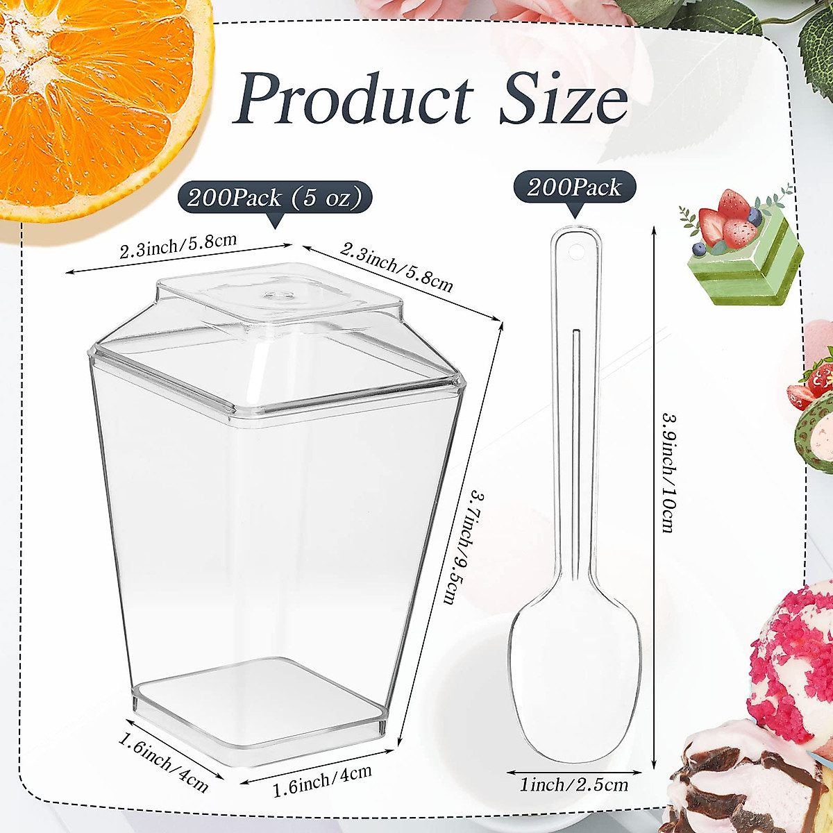 Mimorou 200 Pack 5 oz Dessert Cups with Lids and Spoons Square Clear Plastic Appetizer Cups Parfait Cups Dessert Shot Glasses for Party Wedding Birthday Desserts Appetizers Puddings Mousse