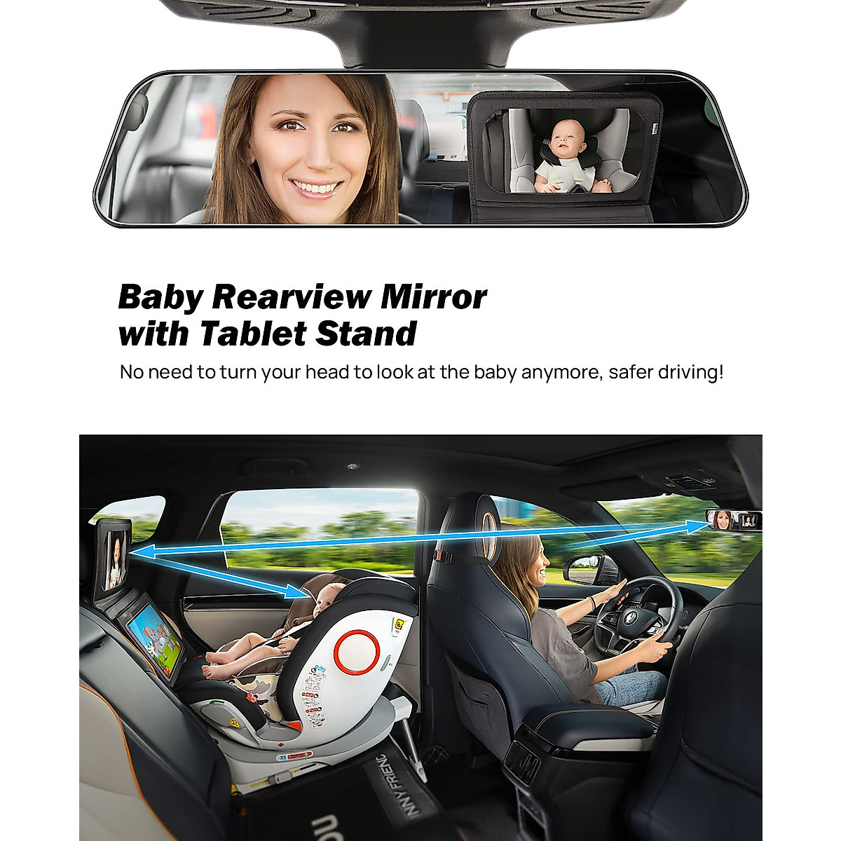 JOYTUTUS Baby Car Mirror with Tablet Holder, Adjustable Car Seat Mirror for Rear Facing Infant, Multifunctional Baby Mirror Car Organizer with Wide View Shatterproof
