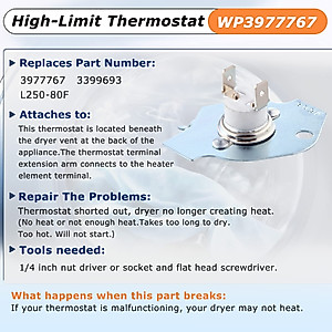 【Upgraded】 SUMNEW 3387134 High-Limit Thermostat 3392519 Dryer Thermal Fuse 3977393 Cut-Off Switch 3977767 Cycling Thermostat Compatible with Whirlpool Kenmore maytag Replaces Parts 3399693 PS345113