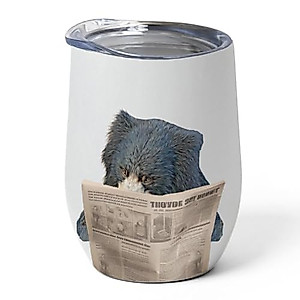 Sloth Bear Reading Newspaper Tumbler 12oz Stainless Steel Vacuum Insulated Wine Cup With Lid - Gifts for Bear Lovers