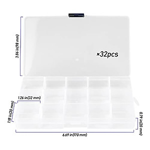 ZEONHEI 32 Pack 15 Grids Plastic Jewelry Organizer Box, Transparent Plastic Bead Storage Organizer Box with Adjusatble Dividers for Beads Earrings Rings Jewelry