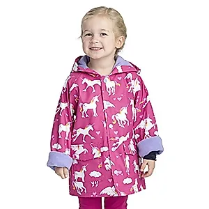 Hatley Girls' Little Button-Up Printed Rain Jacket, Rainbow Unicorns, 5 Years