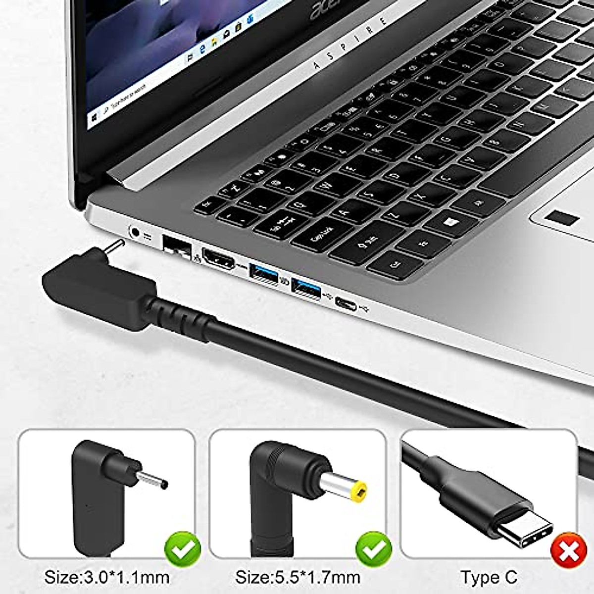 19V 3.42A 65W 45W AC Charger Replacement Acer Aspire 5 A515 R5 Chromebook 11 13 14 15 C720 CB3-532 CB5 Spin SP111 Swift SF315 TravelMate Spin B118 Spin SP513 Power Cord(Two Connectors Included)