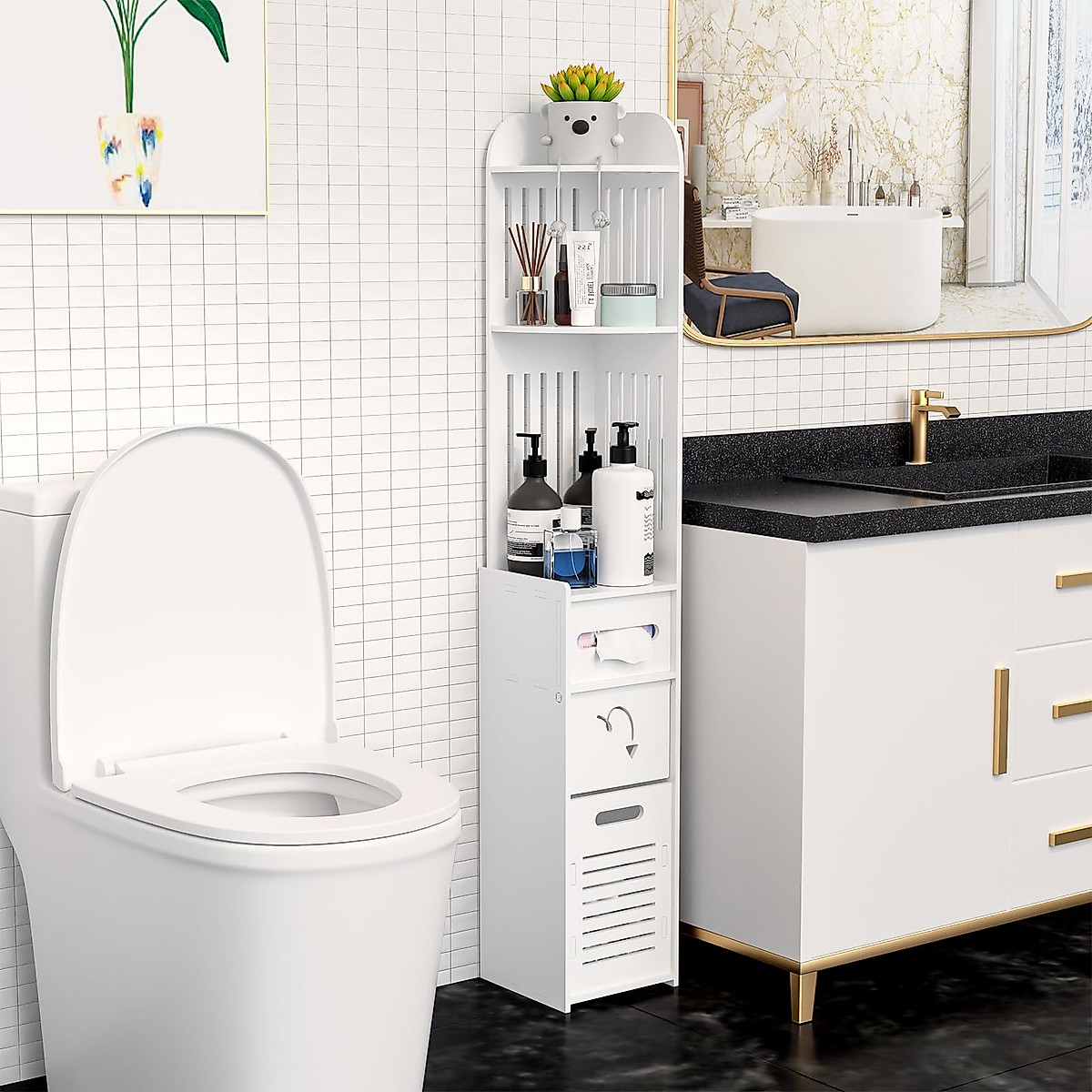 pofluany Small Bathroom Storage Cabinet Beside Toilet with Paper Dispenser, Slim Toilet Paper Storage Corner Floor Cabinet Bathroom Organizer for Small Space, Bathroom, Kitchen, Laundry White