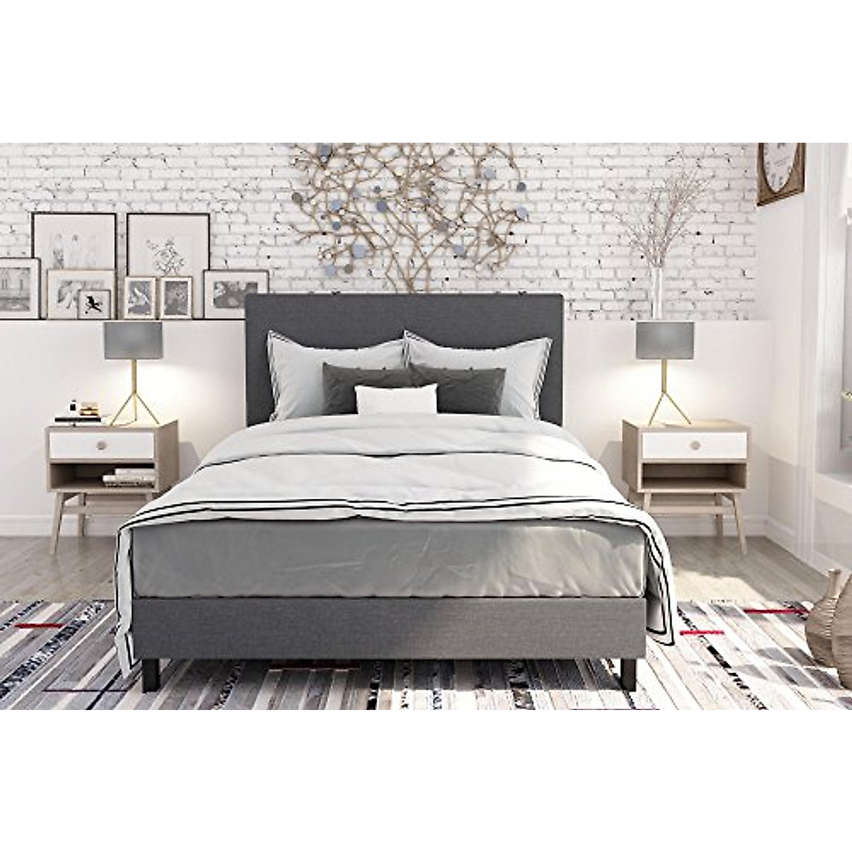 DHP Janford Upholstered Platform Bed with Modern Vertical Stitching on Rectangular Headboard, Queen, Gray Linen