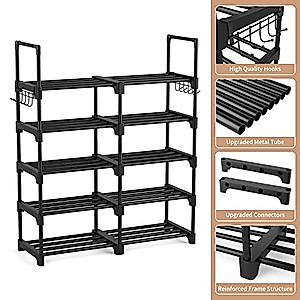ROJASOP Shoe Rack Organizer for Closet Entryway, 20 Pairs 5-Tier Stackable Shoe Rack Storage Shelf for Hallway Bedroom Garage Dorm Free Standing Shoe Racks with Side Hooks Space Saving Shoe Rack