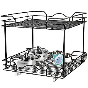 OCG Pull Out Cabinet Shlef 14" W x 18" D, 2 Tier Heavy Duty Slide Out Shelves, Pull Out Drawer for Cabinet, Black