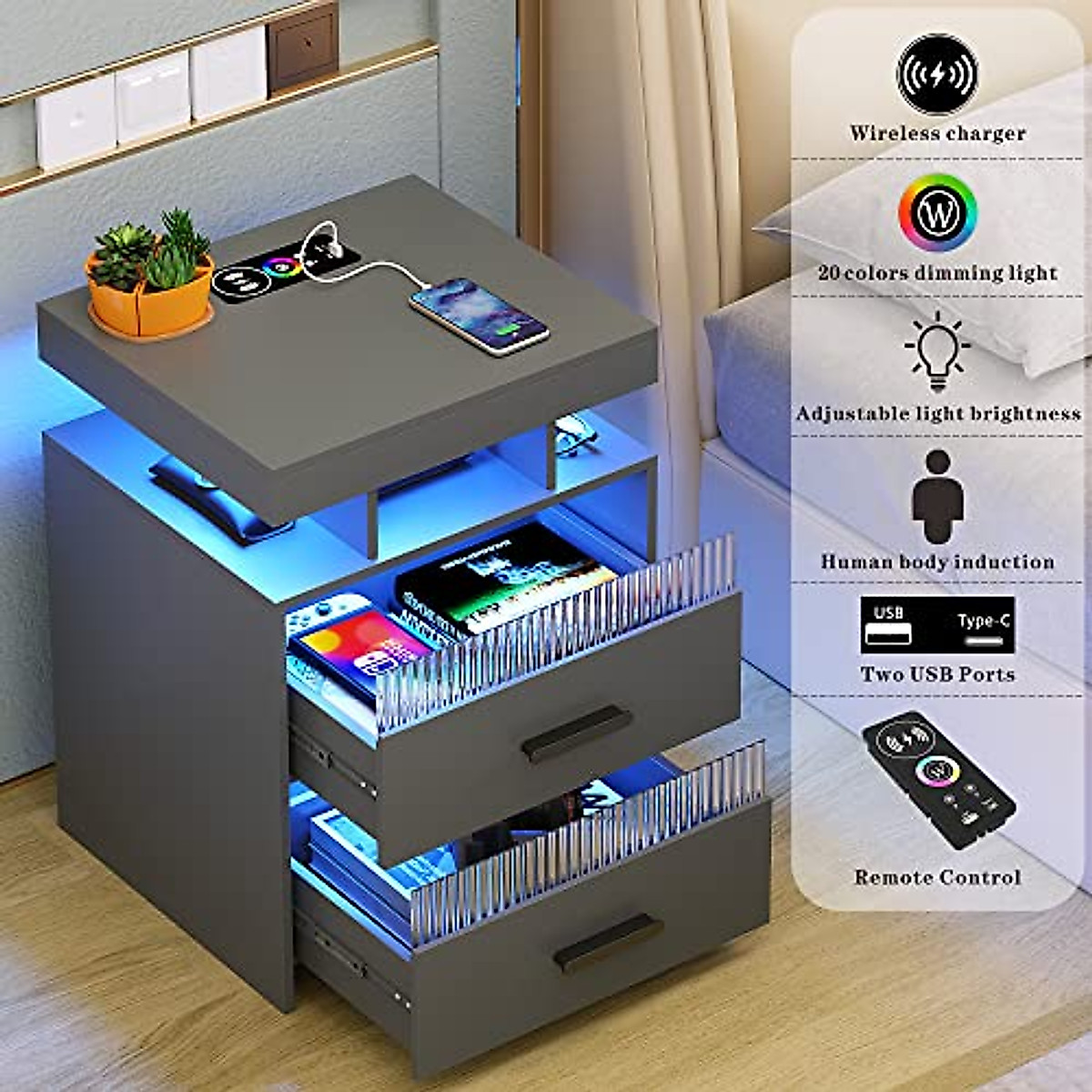 Dystler Nightstand with Charging Station and LED Lights All In One Night Stand with Drawers Bedside Table with USB Port & Outlets and Human Sensor Design Modern End Table for Bedroom Livingroom Office