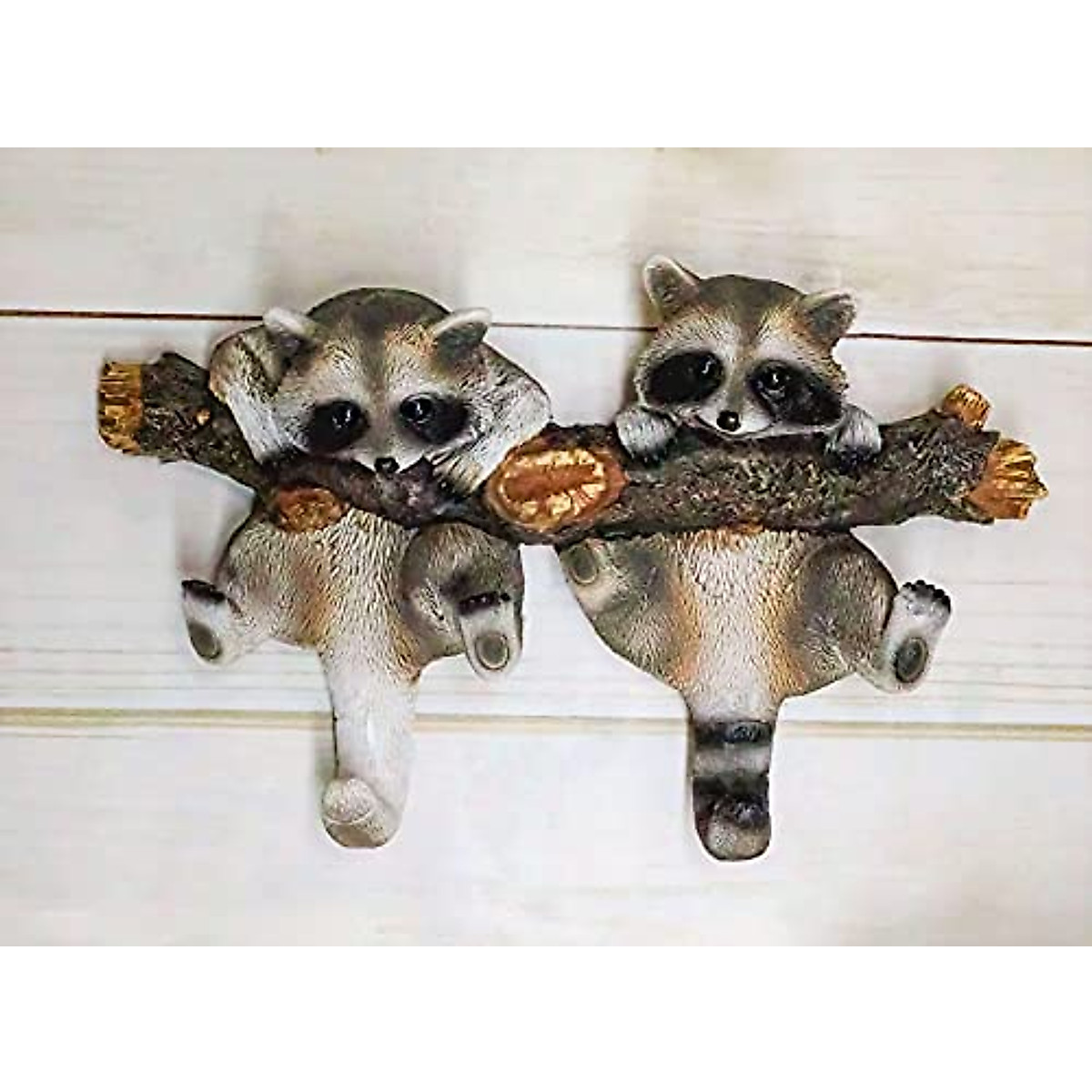 Ebros Whimsical Forest Rustic 2 Playful Raccoons Dangling On Tree Branch 6 Pegs Wall Hooks 9.25" Wide Hanger Raccoon Rodent Themed Wall Mount Coat Hat Keys Hook Decor Hanging Sculpture Plaque