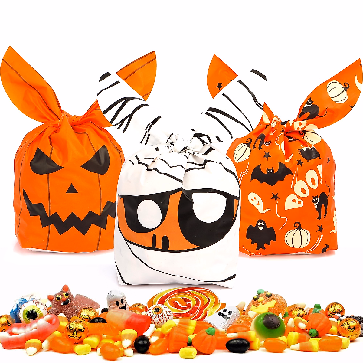 Halloween Treat Bags, Halloween Candy Bags, Halloween Trick or Treating Bags, 60PCS Small Plastic Halloween Cookies Gifts Snack Goodie Bags for Trick or Treat, Halloween Party Decoration Supplies